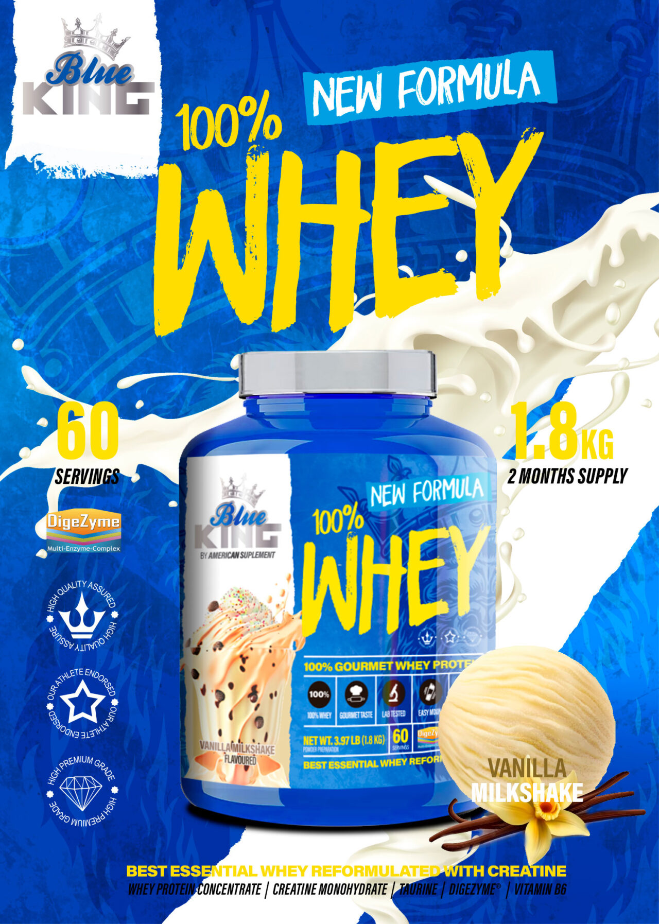 100% whey protein Blue King Supplement® 1,8 kg Sabor: Vainilla